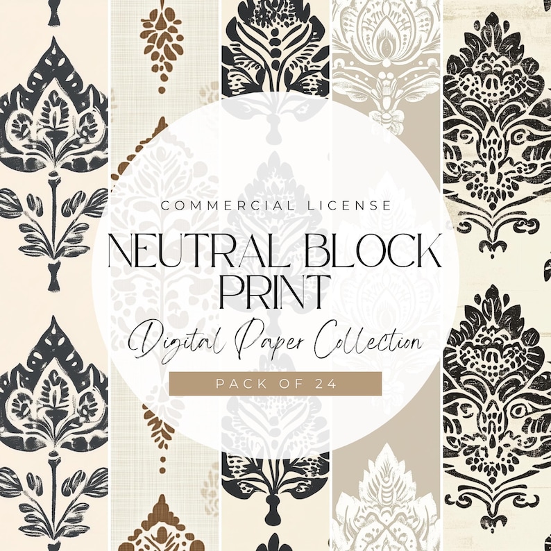 Neutral Indian Block Print Digital Paper - 24 Piece Scrapbook Set ...