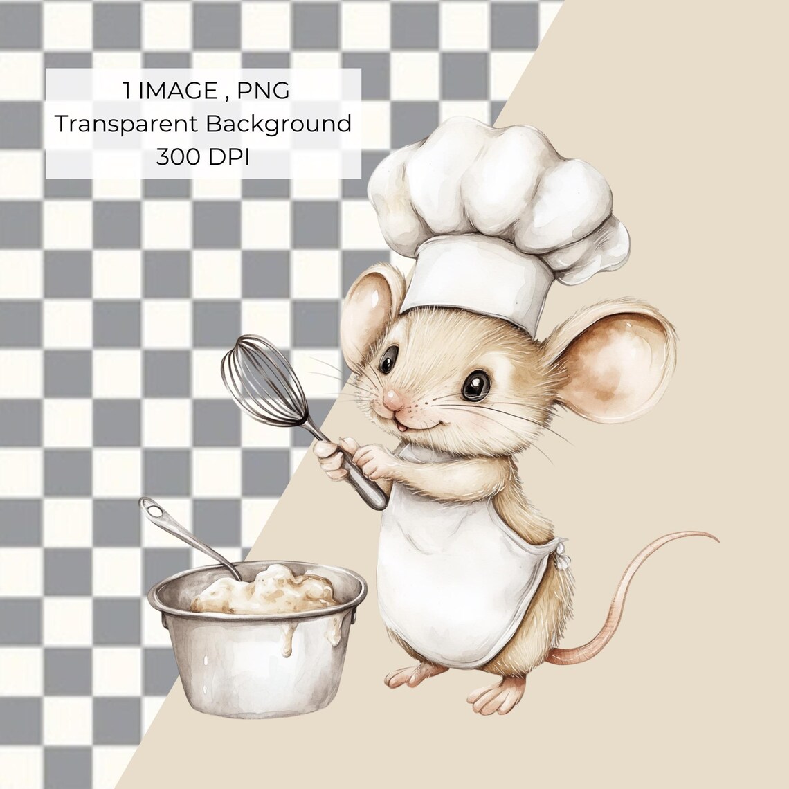 Watercolour Mouse Chef Clipart: Baking PNG for Recipe Cards (digital ...