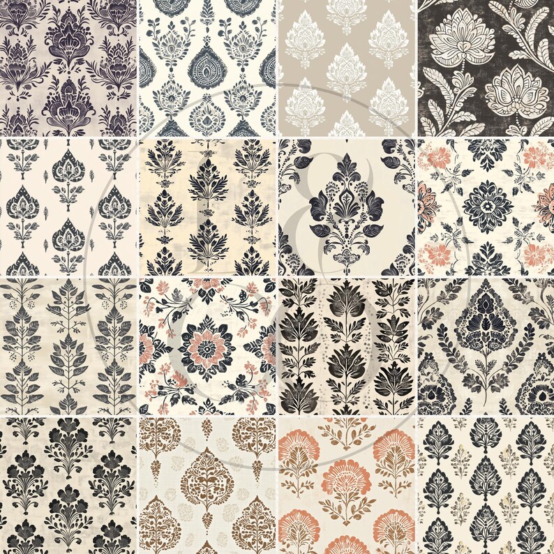 Neutral Indian Block Print Digital Paper - 24 Piece Scrapbook Set ...