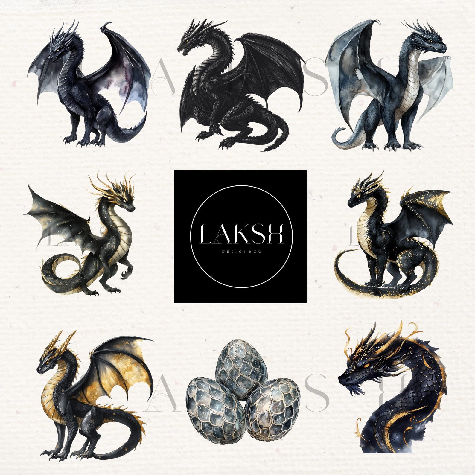 18 Dragon Clip Art Collection | Black, Gold, Bronze Dragons | Mystical ...