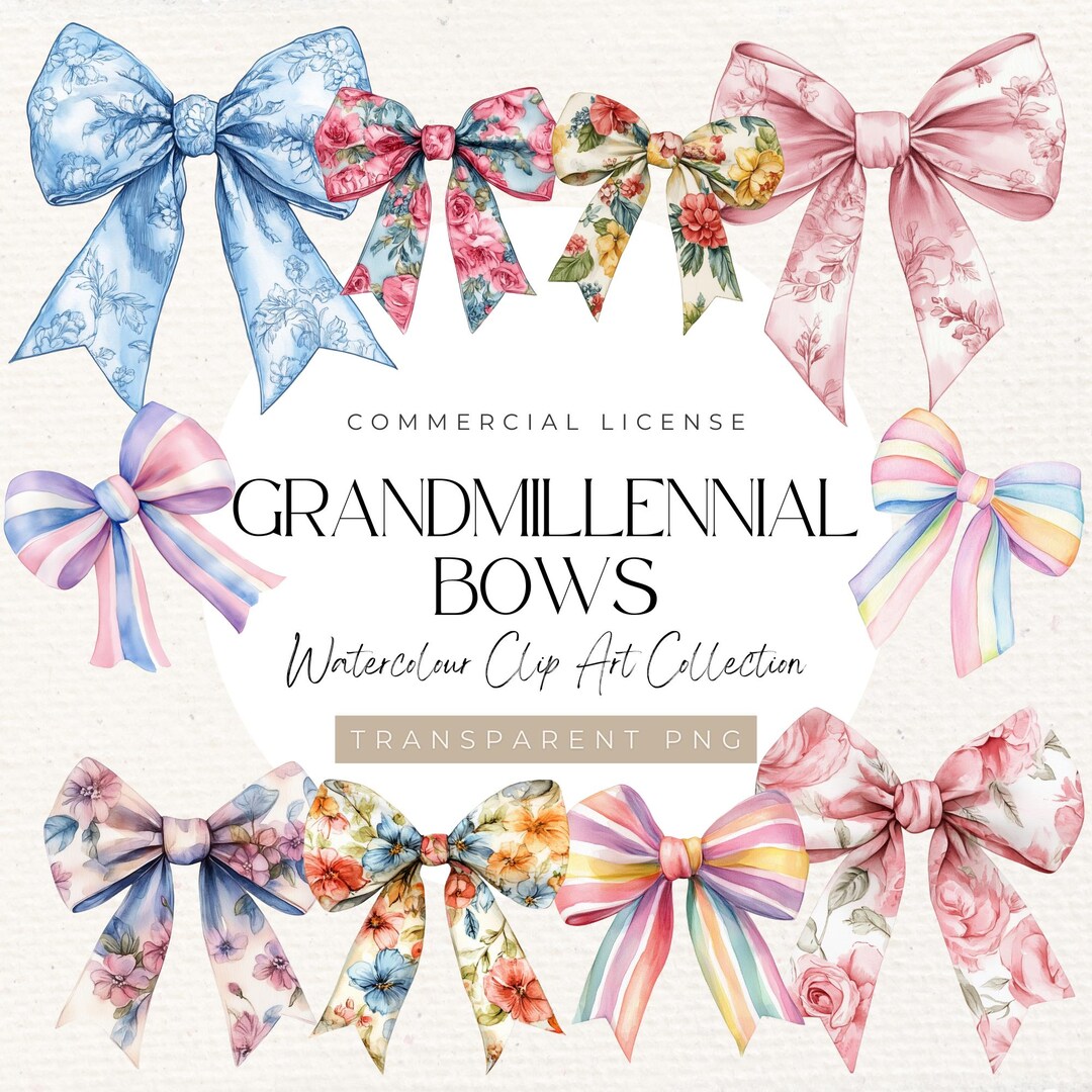 Grandmillennial Bows Clipart Set – Floral & Toile Designs (digital ...