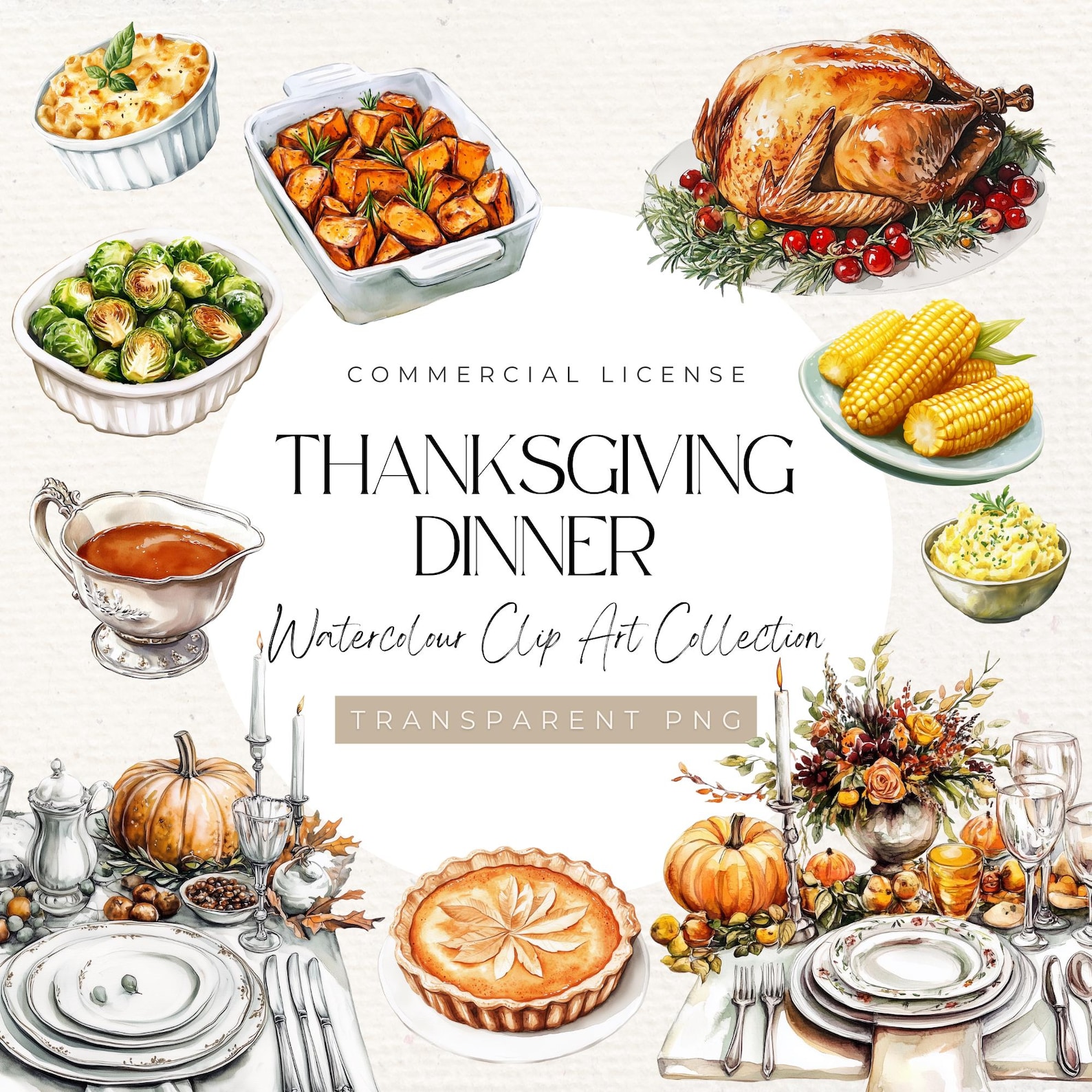 Thanksgiving Dinner Clipart | Watercolor Roast Turkey, Pumpkin Pie (300 ...