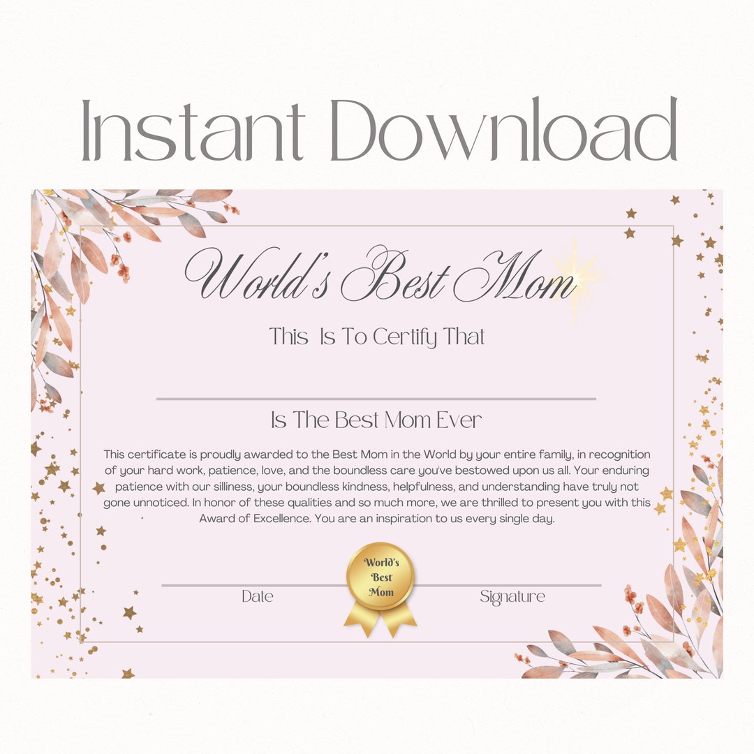 World's Best Mom Certificate | Mom Certificate Printable | Mother's Day ...