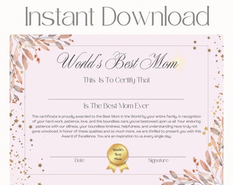 Best Mom in the World Certificate, Printable Best Mom Certificate ...