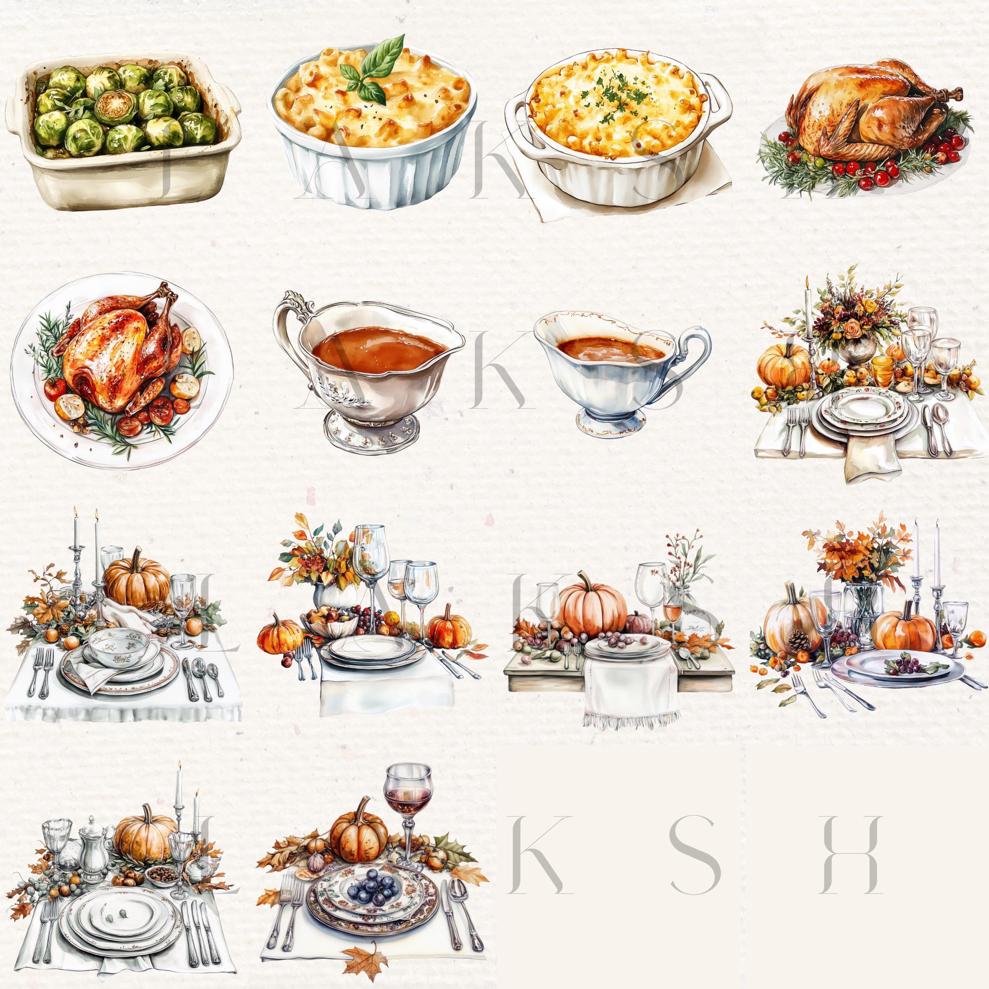 Thanksgiving Dinner Clipart | Watercolor Roast Turkey, Pumpkin Pie (300 ...