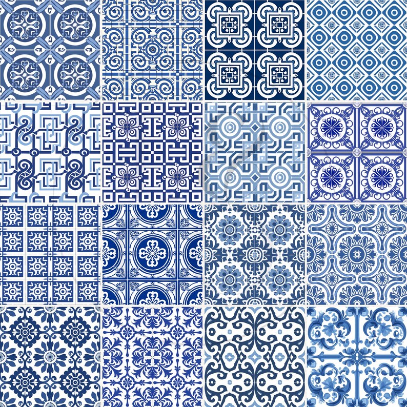 Blue & White Greek Tile Clipart: Watercolour Mediterranean Patterns ...