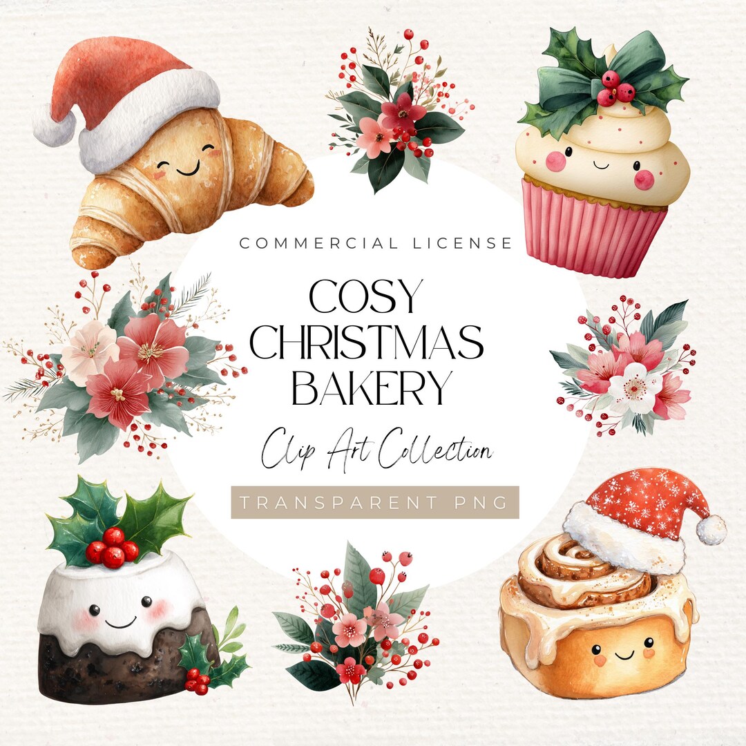 Cosy Christmas Bakery Clipart Set – 34 Cute Smiling Pastries, Drinks ...