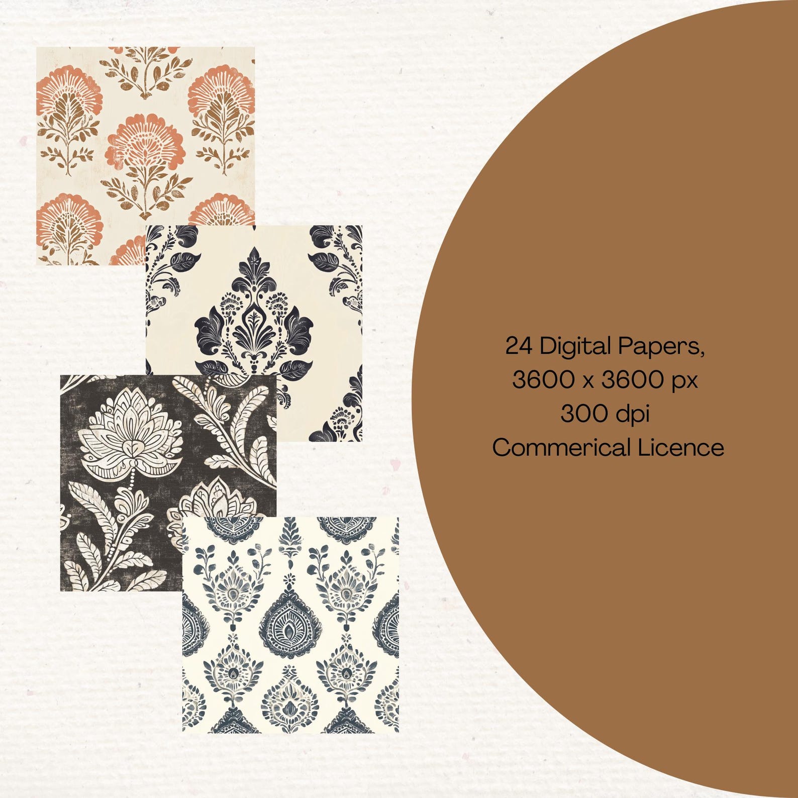 Neutral Indian Block Print Digital Paper - 24 Piece Scrapbook Set ...