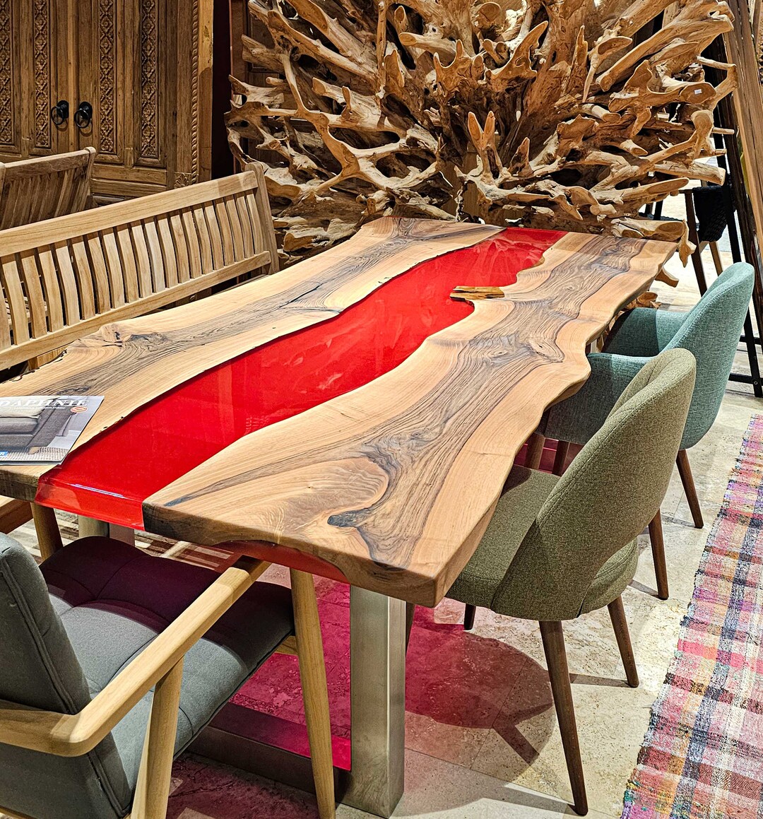 Red Epoxy Walnut Table, Living Room Table, Custom Live Red Epoxy Resin ...
