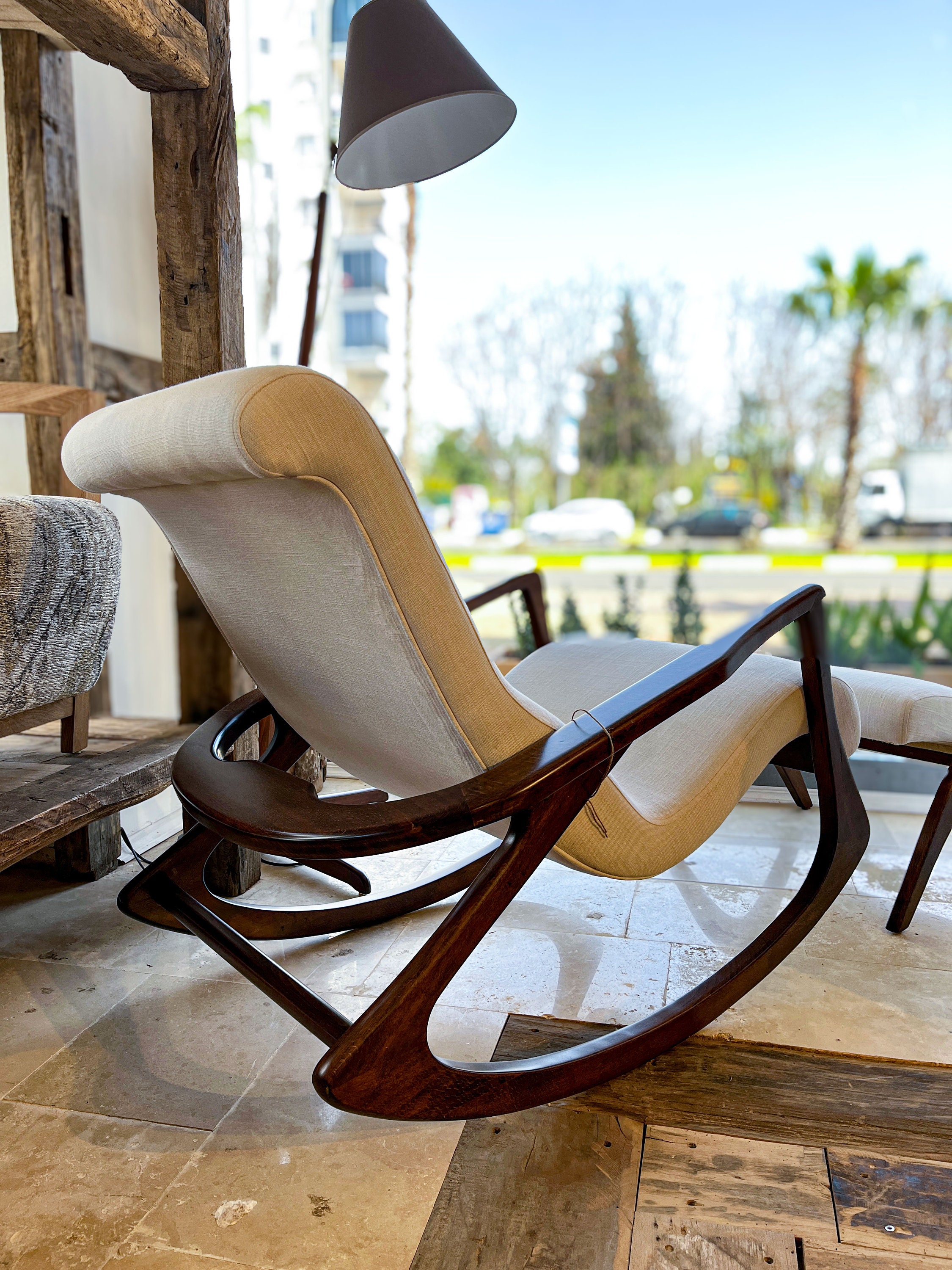 Walnut Wood Rocking Chair, Chair White and Brown Chair, Handmade ...