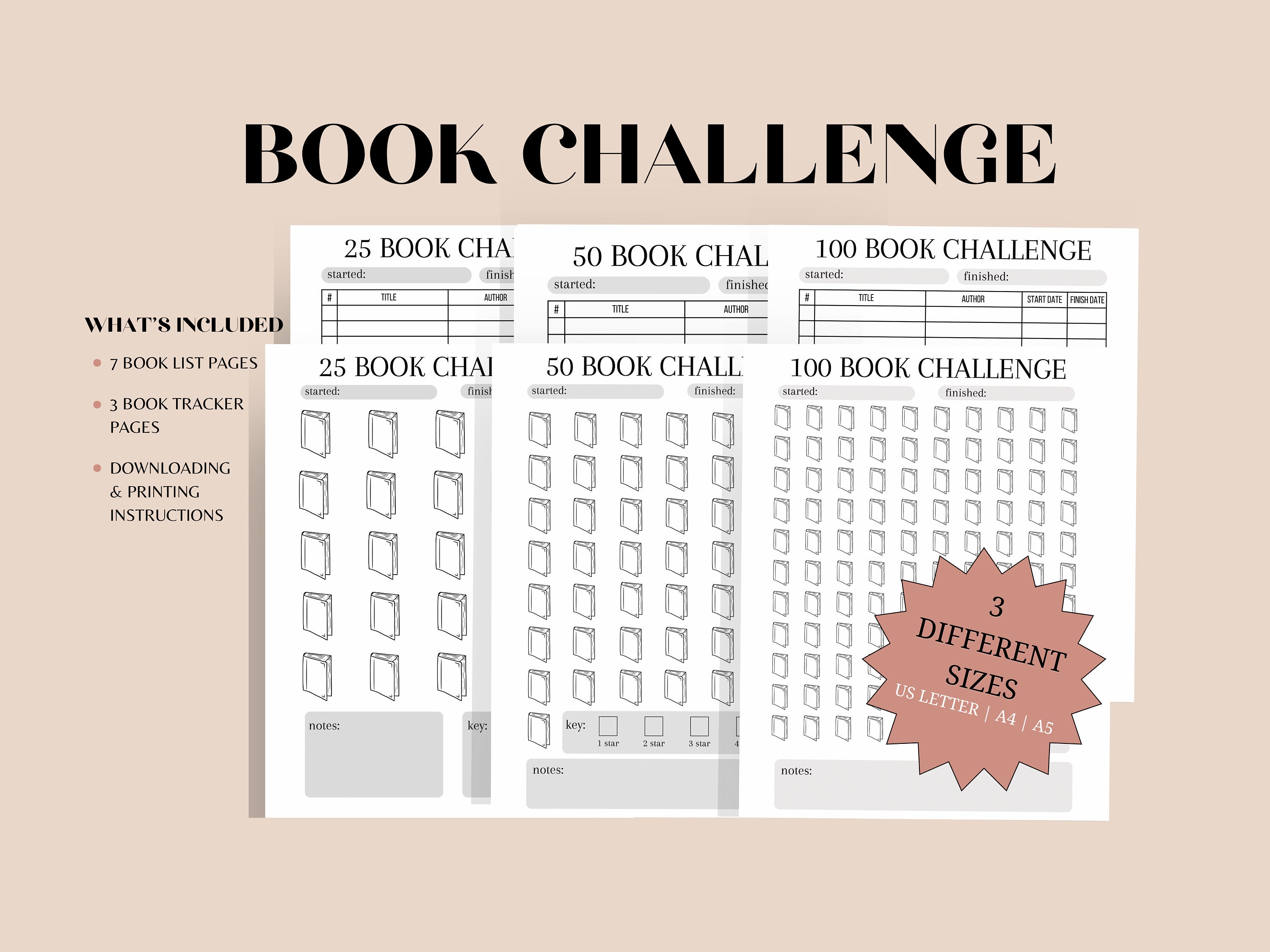 Book Challenge Printable, Book Tracker Printable, 100/50/25 Book ...
