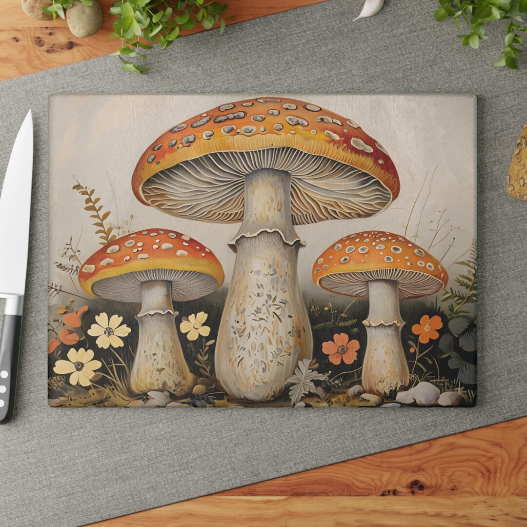 Cottagecore Mushroom Cutting Board, Vintage Toadstool Glass Chopping ...