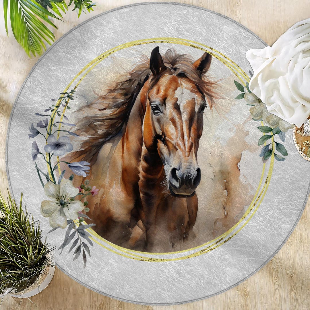 Watercolor Horse Round Rug, Elegant Floral Decor, Living Room Accent ...