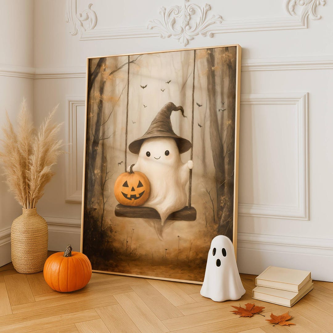 Cute Ghost Halloween Wall Art Printable – Pastel Kawaii Pumpkin & Witch ...