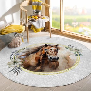 Watercolor Horse Round Rug, Elegant Floral Decor, Living Room Accent ...
