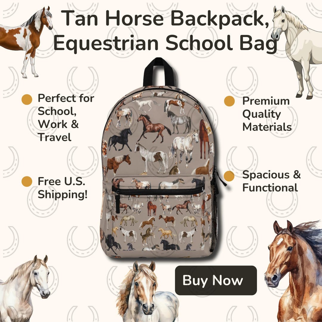 Equestrian Tan Horse Backpack, Stylish Western Print, Durable Laptop ...