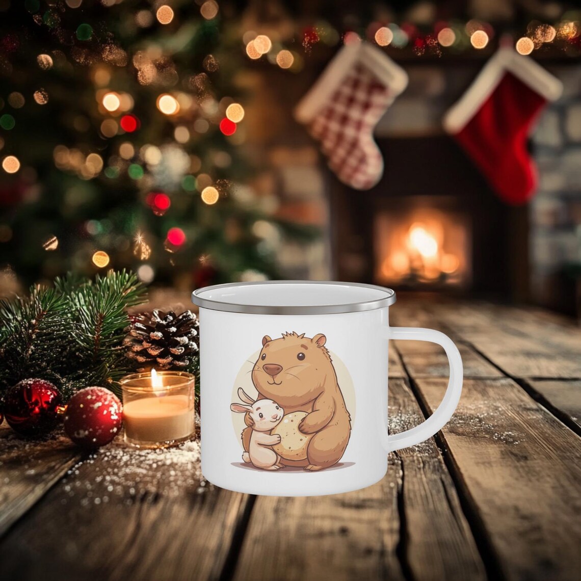 Capybara and Rabbit White Enamel Camping Mug 12oz. Kid Gift,mom Gift ...