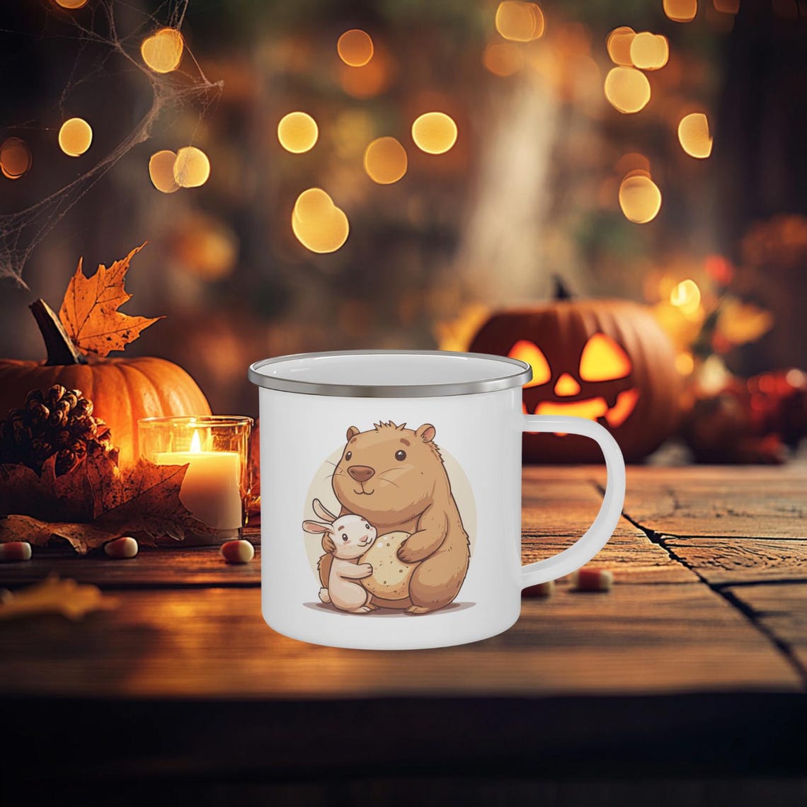 Capybara and Rabbit White Enamel Camping Mug 12oz. - Kid Gift,mom Gift ...