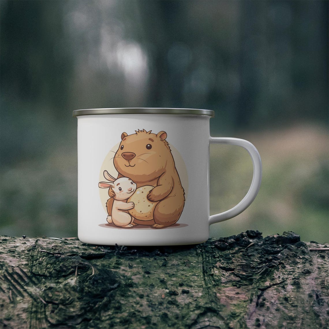 Capybara and Rabbit White Enamel Camping Mug 12oz. - Kid Gift,mom Gift ...