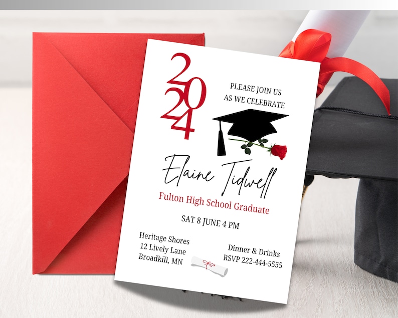 Graduation Party Invitation, Red and Black, Rose, Instant Download for ...
