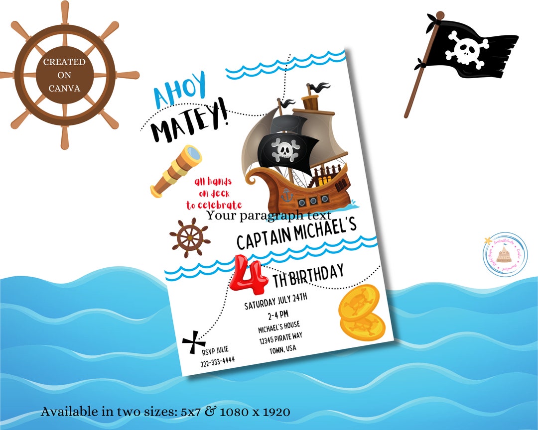 Pirate Birthday Invitation, Pirate Ship, Pirates, Ahoy Matey, Boy or ...