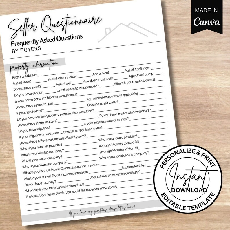 New Listing Seller Questionnaire FAQ by Buyers, Canva Template for ...