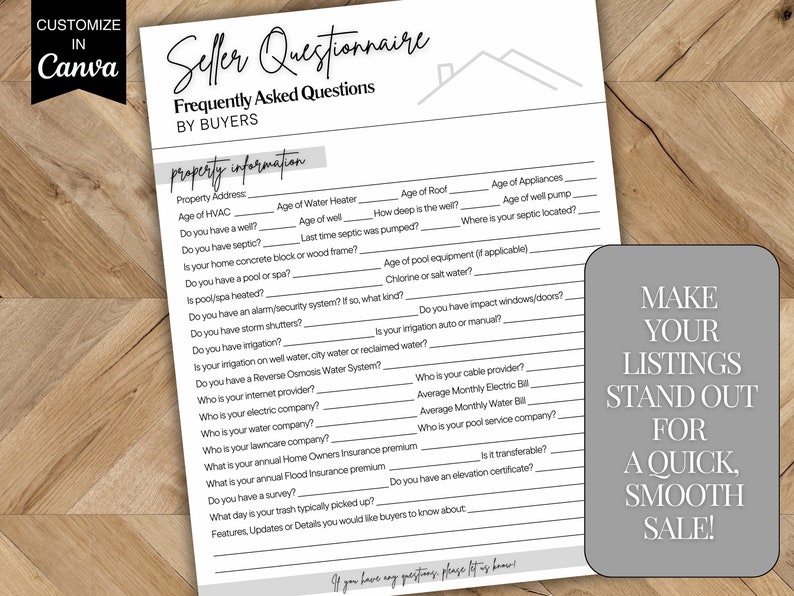 New Listing Seller Questionnaire FAQ by Buyers, Canva Template for ...