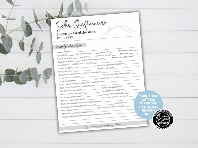 New Listing Seller Questionnaire FAQ by Buyers, Canva Template for ...
