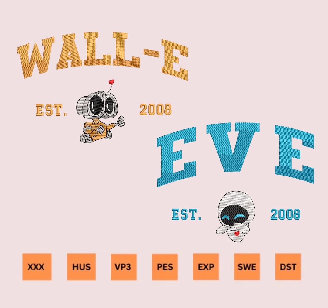 Combo Wall-e and Eve Embroidered Design, Wall-e and Eve Couple, Wall-e ...