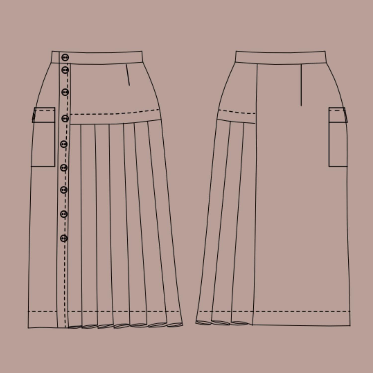 Pleated Skirt Pattern PDF, Skirt With Buttons, Pockets Skirt Pdf, Long ...