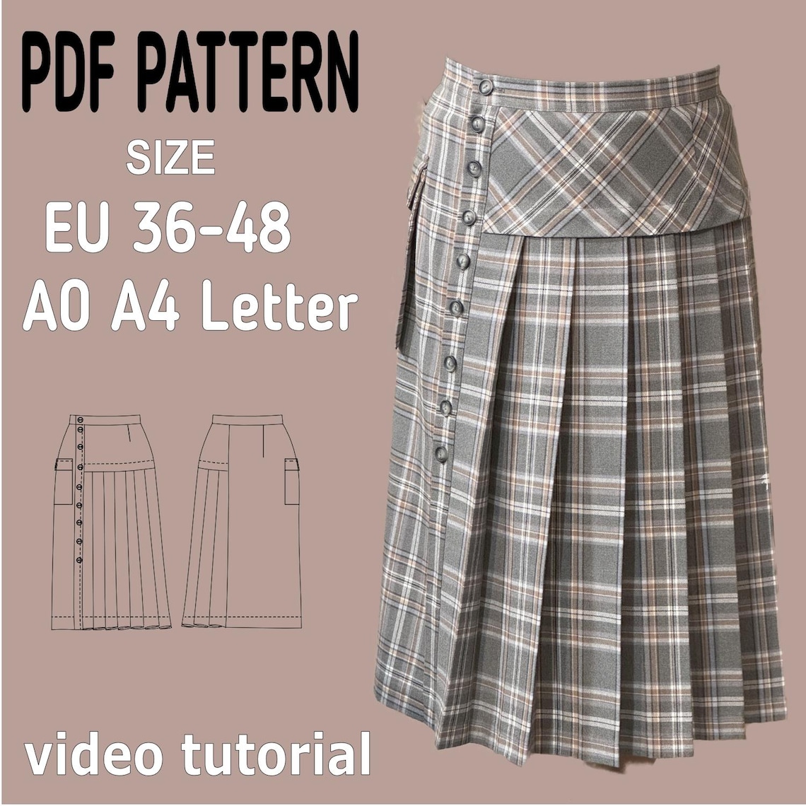 Pleated Skirt Pattern PDF, Skirt With Buttons, Pockets Skirt Pdf, Long ...