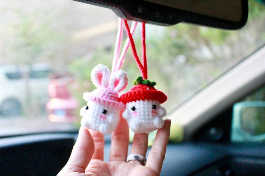 Adorable Mushroom Bunny Hat Rear View Mirror Charm Cute Bunny Rear View ...