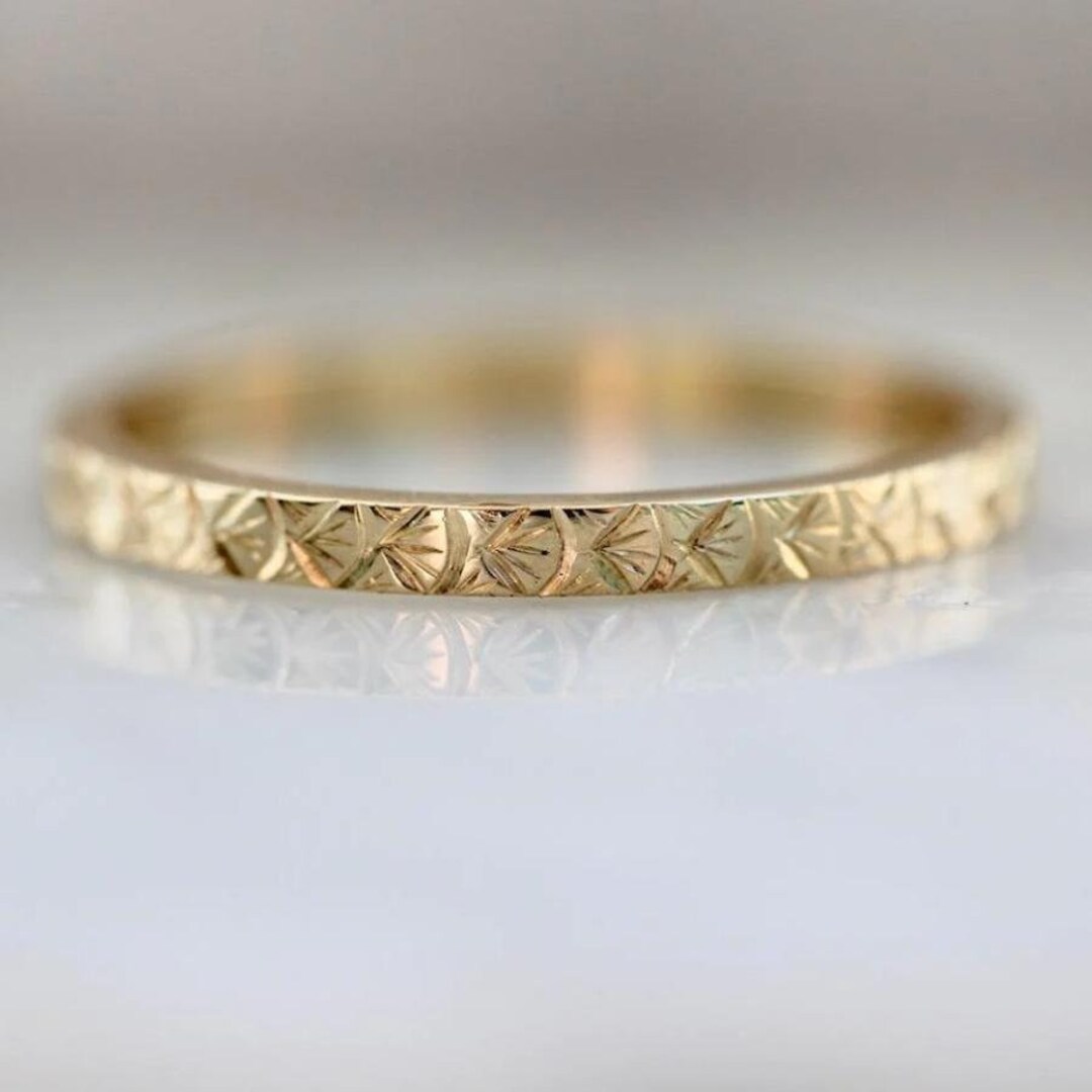 14K Delicate Run Wild Engraved Gold Band Solid Gold Band With Material ...