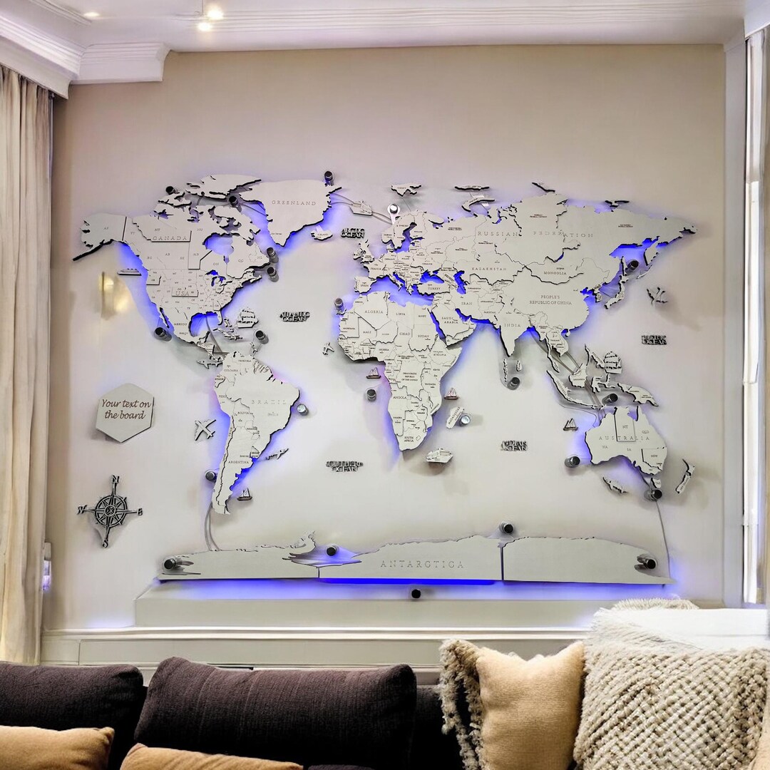 LED Wooden World Map, 3D Wall Map Decor, Customizable Travel Map ...