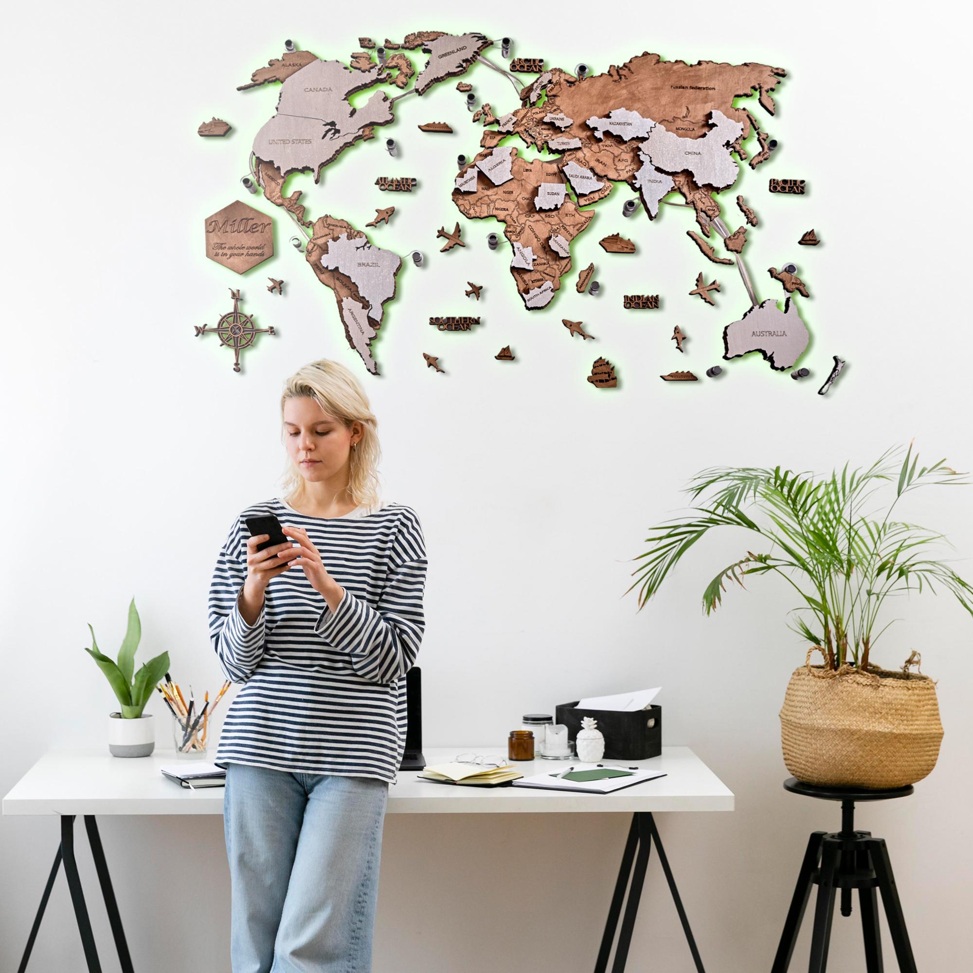 LED Travel World Map Pin Board Personalized, 5th Anniversary Gift ...