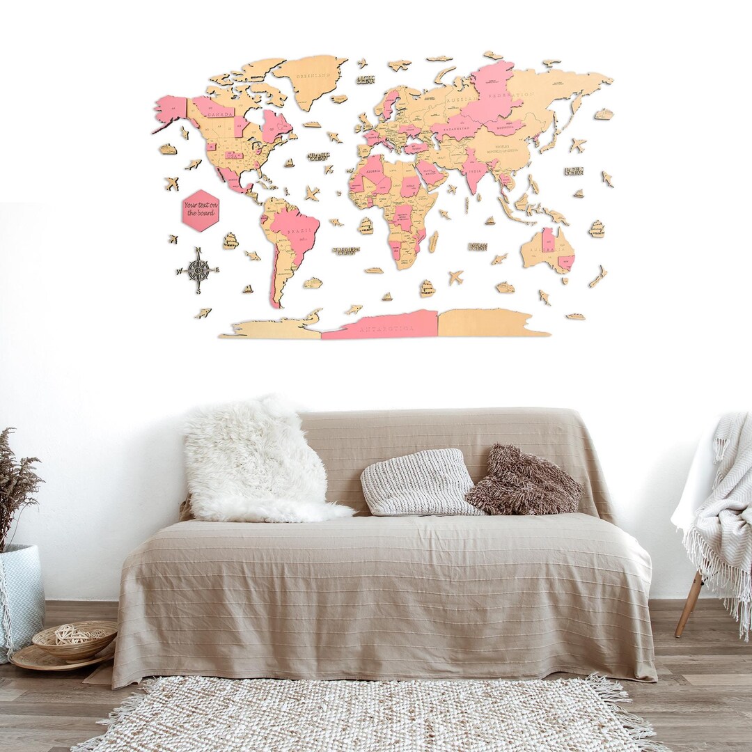 3D World Map Handcrafted Wooden Wall Map Rustic Wood Wall Art Home ...