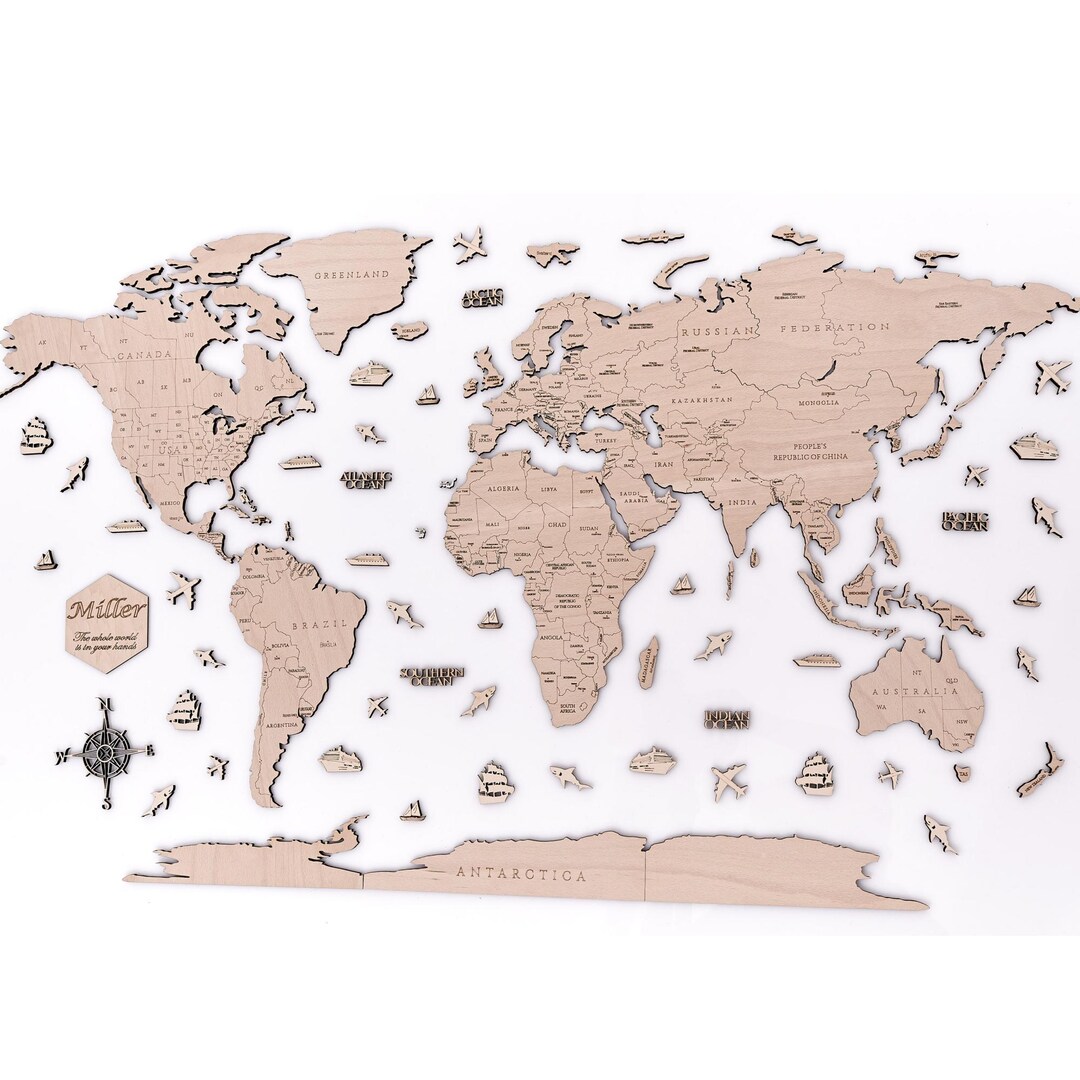 World Map Office Wall Decor, 3D Decowoodmap, Multicolor Wooden Map ...