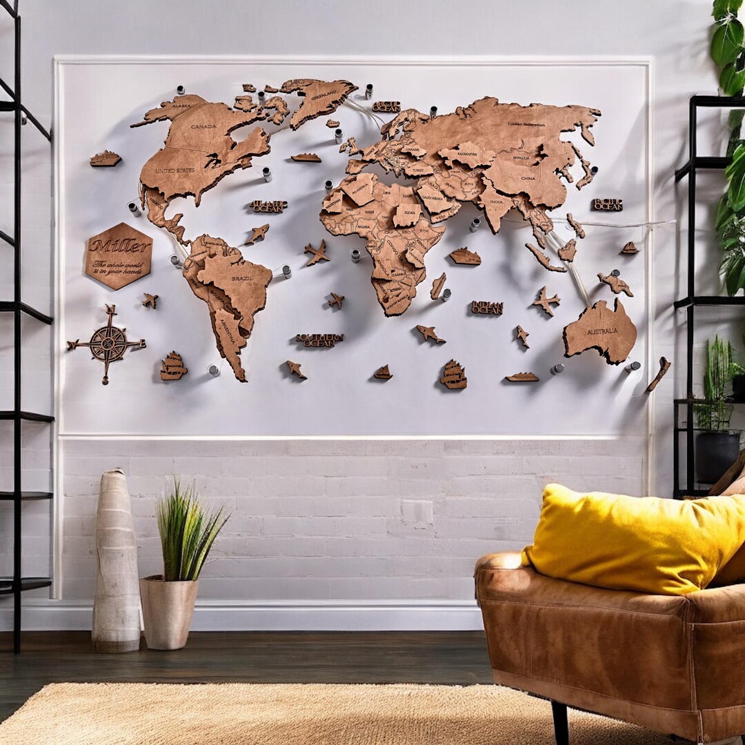 LED Wooden World Map Customizable Wood Home Decor 3D Personalized Art ...
