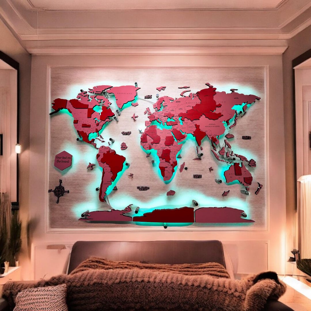 Wooden 3D World Map With LED Backlighting, Stylish Wall Art for Home ...