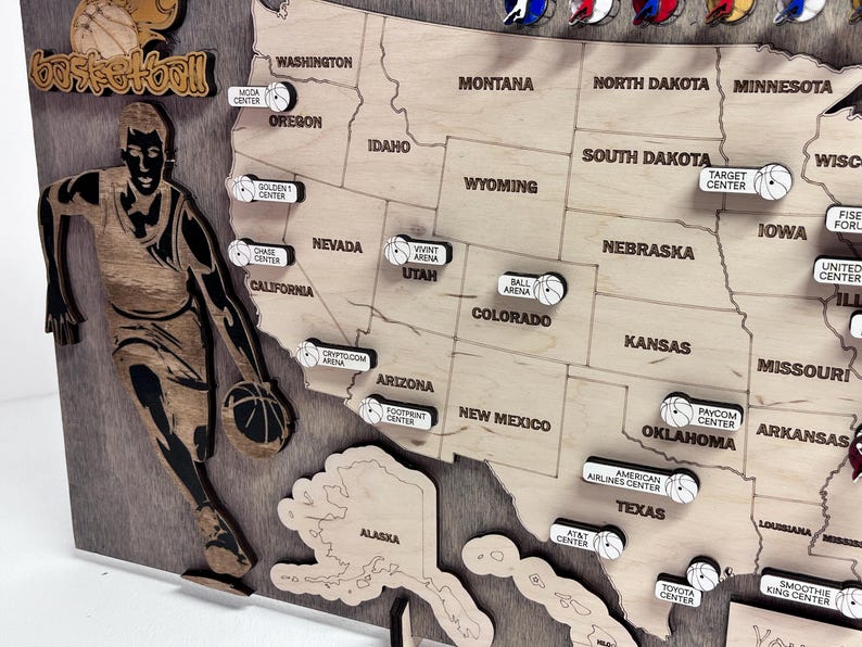 Basketball Stadium Map United States Wooden Map Custom NBA Basketball ...