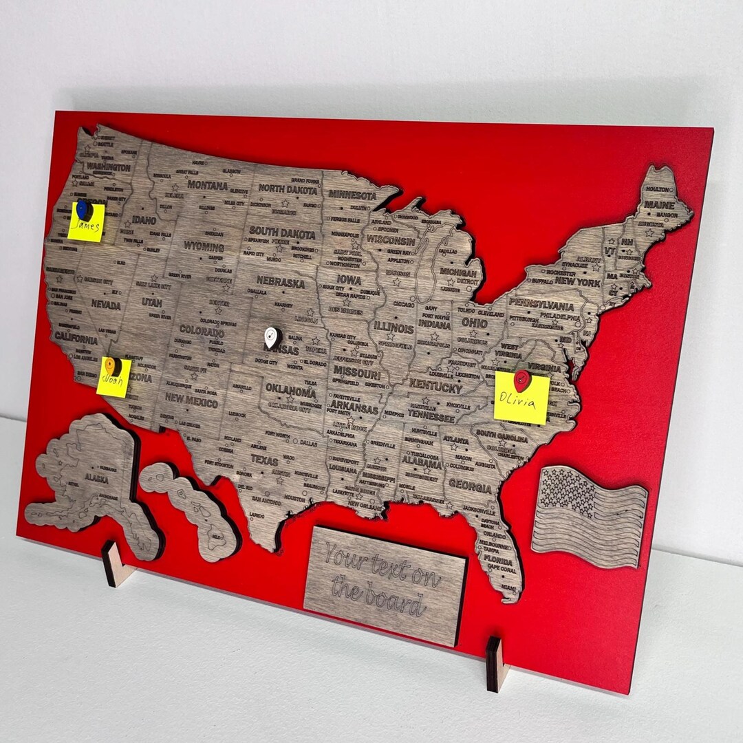 Map of USA Wall Art Push Pin Travel Map Decor Wooden Laser Cut Home ...