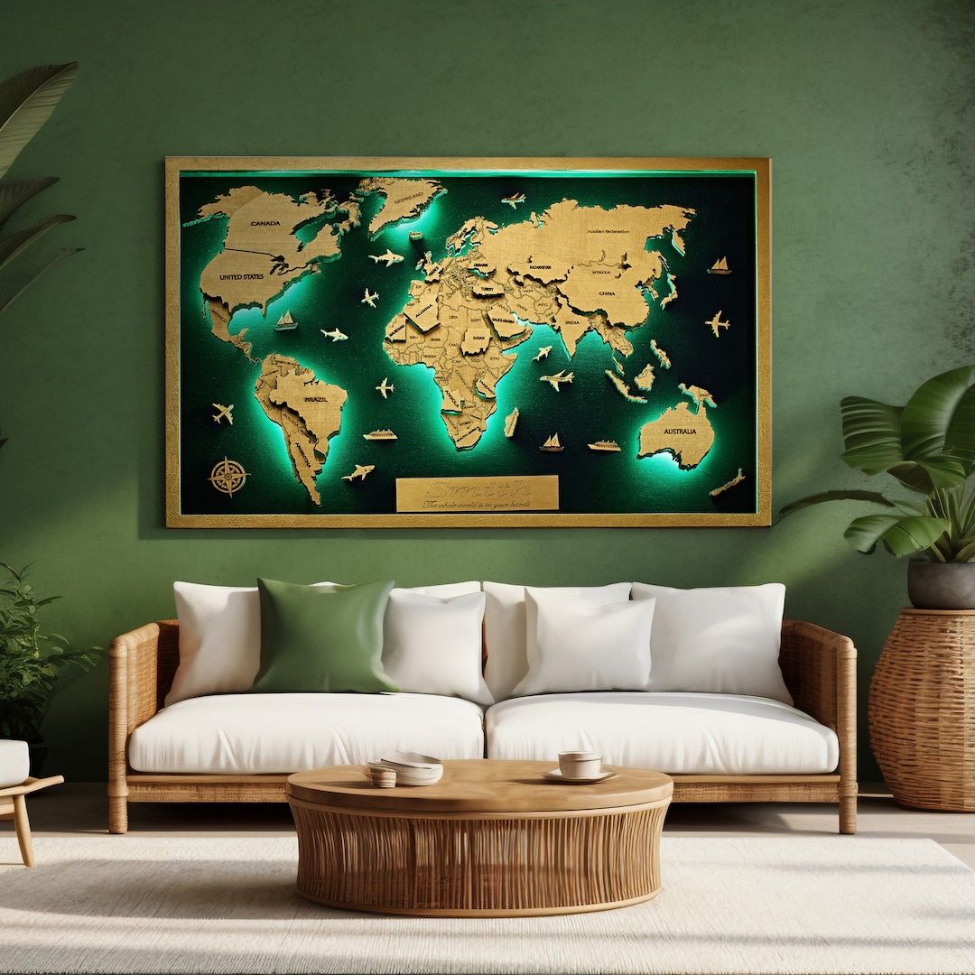 Wood Map of the World Travel Wall Décor, World Traveler Gift, LED 3D ...