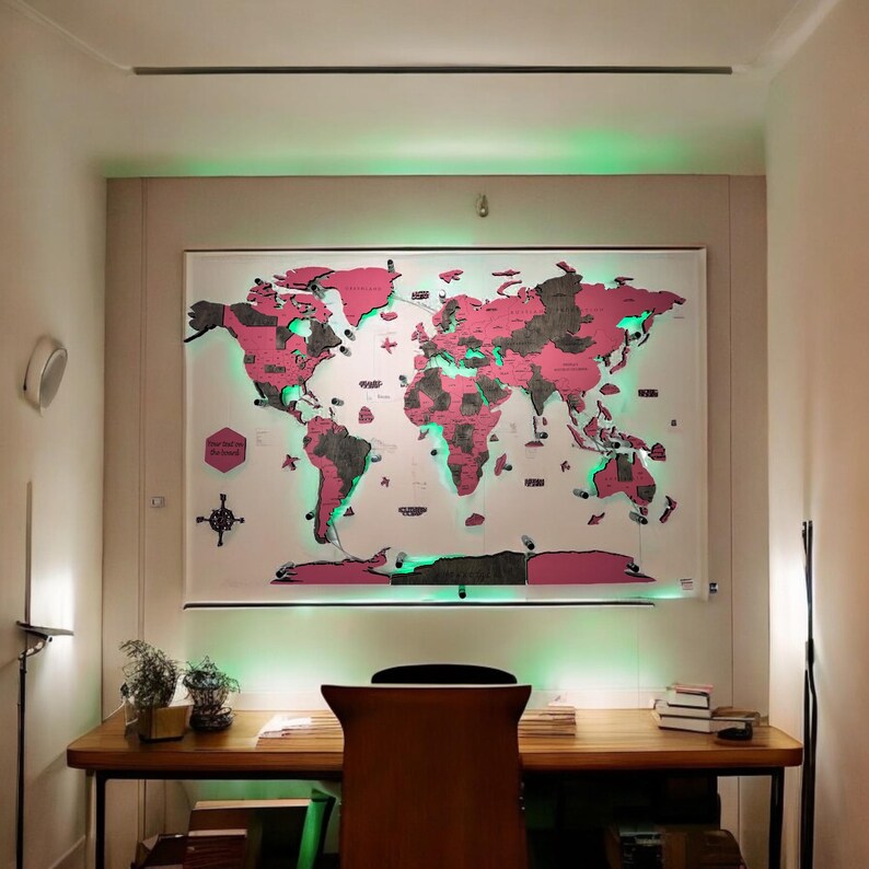 Wooden World Map With LED Backlight, 3D Wall Art, Travel Decor ...