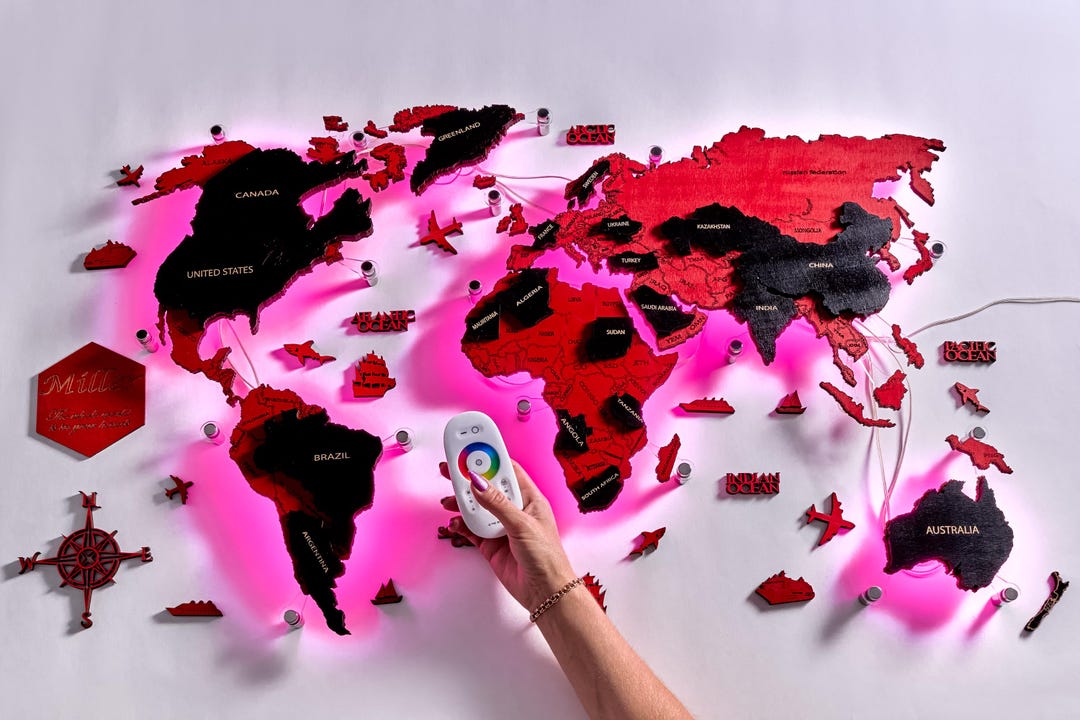 LED Wall Decor Wooden 3D World Map With LED Backlighting Unique Light ...