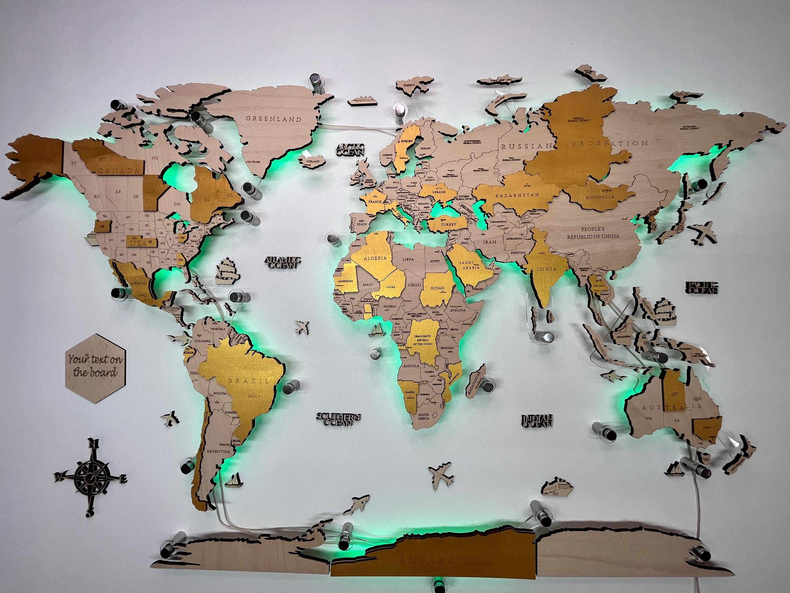Wooden Custom Map Wall Decor, 3D Led Wooden World Map Display, Travel ...