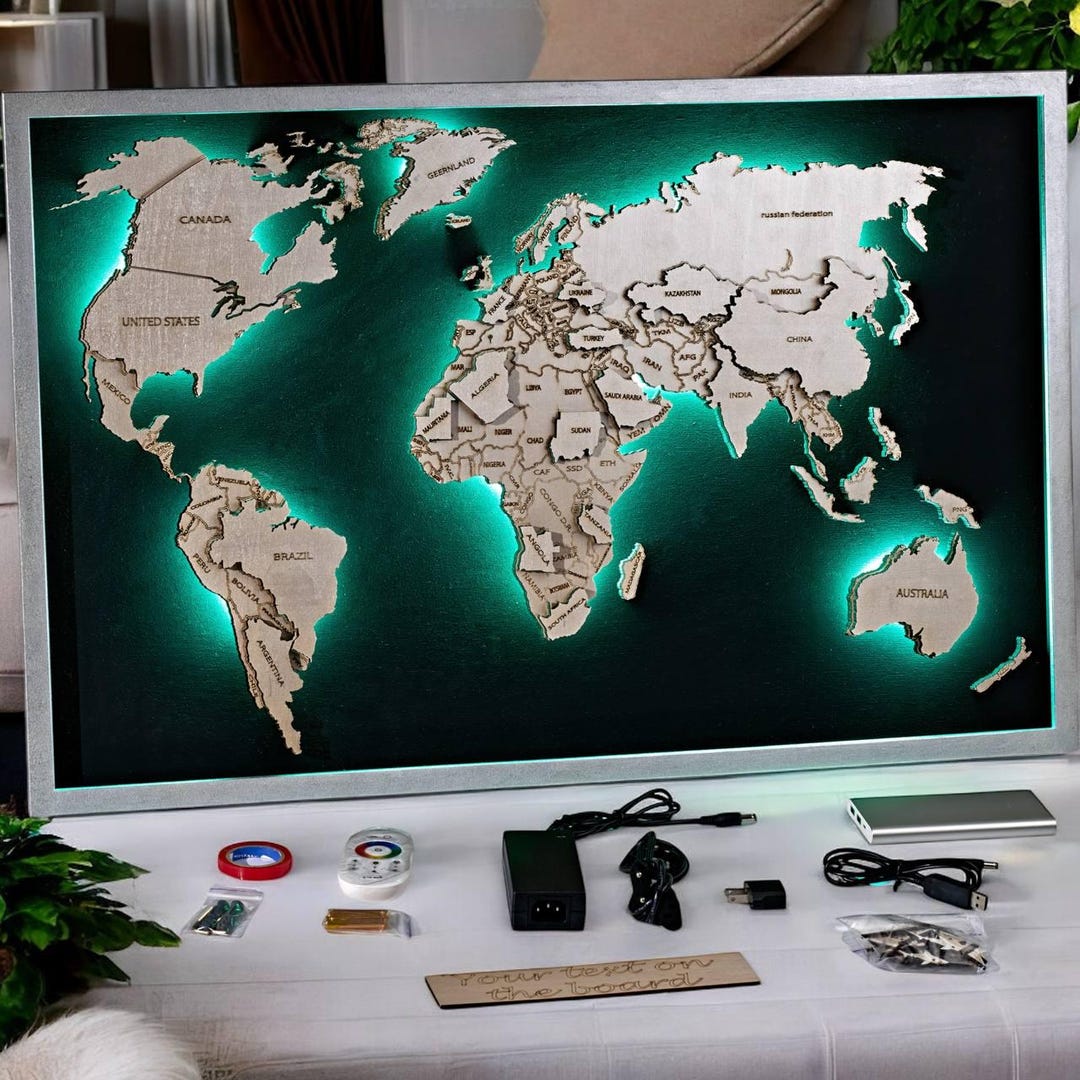LED Wooden World Map Custom Travel Map World Map Wall Art Family Gift ...