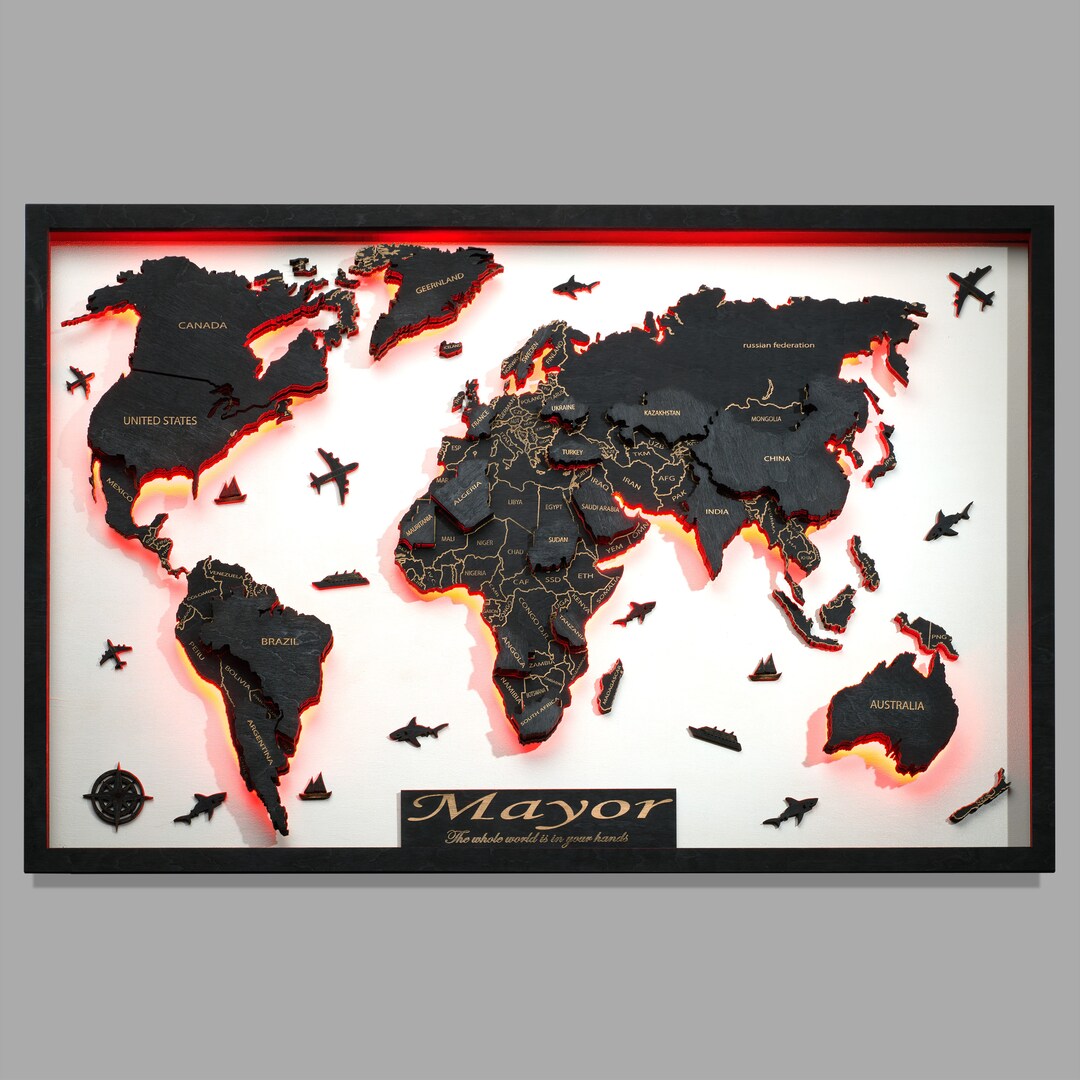 World Traveler Gift, Office World Map, LED Illuminated Wooden World Map ...