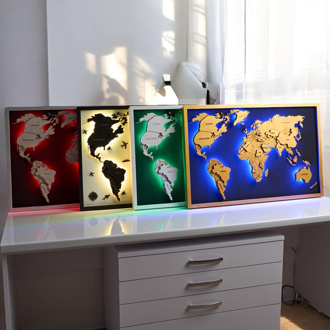 Led Wooden World Map, 3D World Map, Light up Star Map, Personalized ...