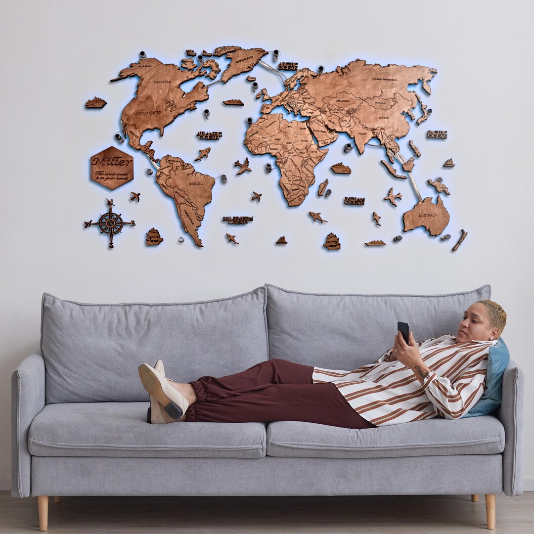 Wood Travel Map With RGB LED Lights, Push Pin Map Board, Wall Decor ...