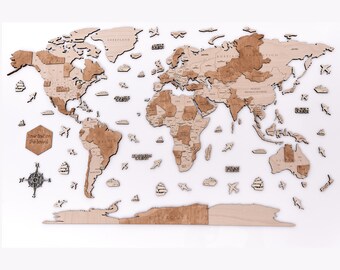 Map With Country Capitals and Borders, 3D Wood World Map, Wooden Push ...